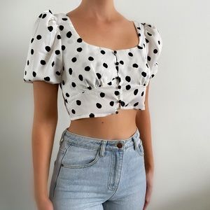 Cider | Tops | Cider Black White Polka Dot Crop Top Puff Sleeve Button ...